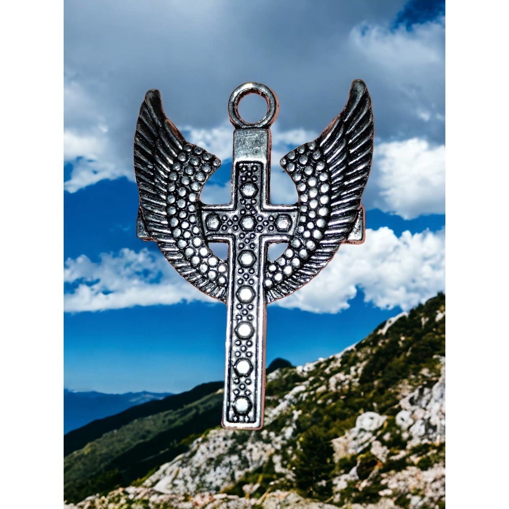 Silver Vintage Egyptian Winged Cross Pendant - Gem